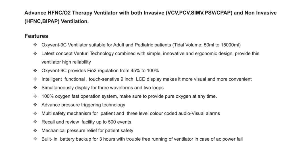Cardiolabs Oxyvent-9C Portable Ventilator - Advanced Breathing Support